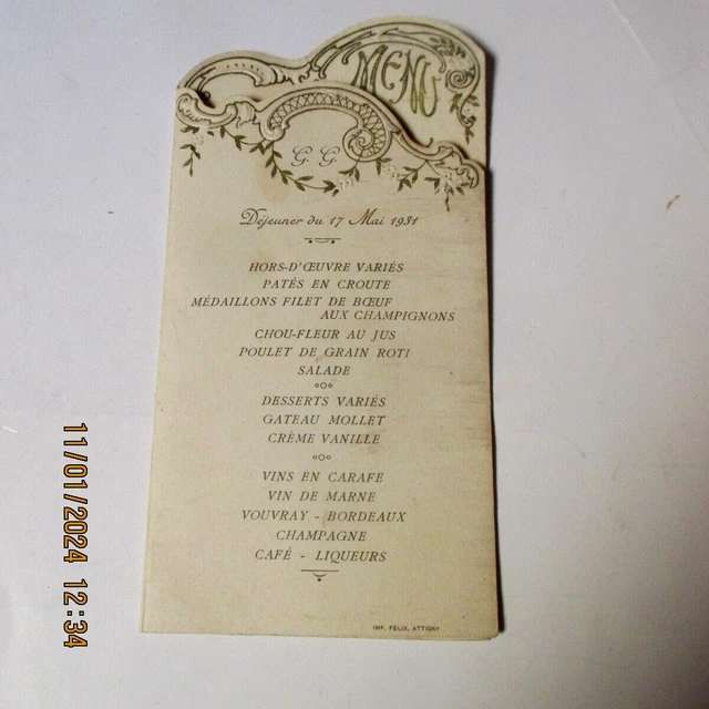 ANCIENNE CARTE Menu Personnalisee- Annee 1931 EUR 8,00 - PicClick FR