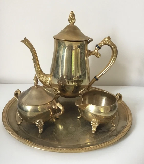 ANTIKES MESSING KAFFEE-SET Kanne, Zuckerdose, Milchkännchen, Tablett ...
