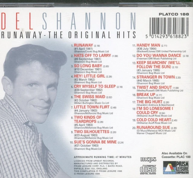 DEL SHANNON RUNAWAY - the Original Hits CD UK Prism Leisure Corporation ...