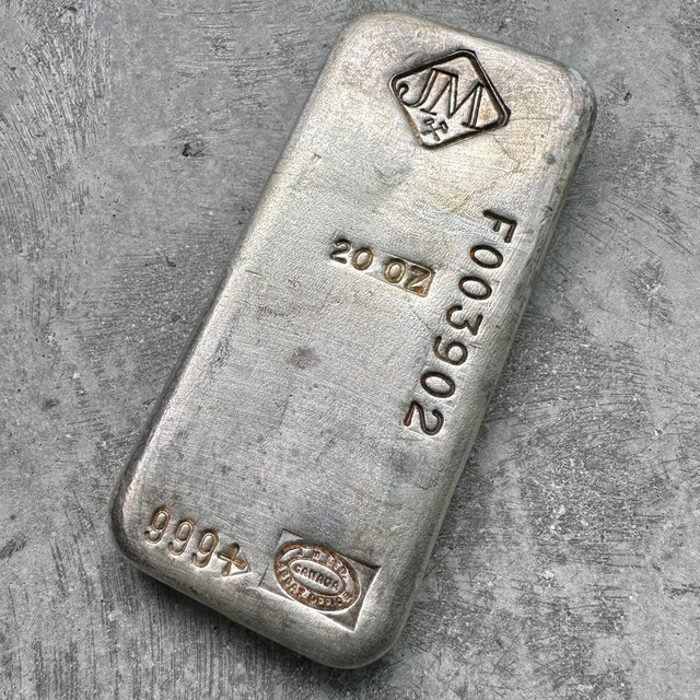 VINTAGE 20 OZ .999 Silver Johnson Matthey Poured bar - Small Logo - F ...