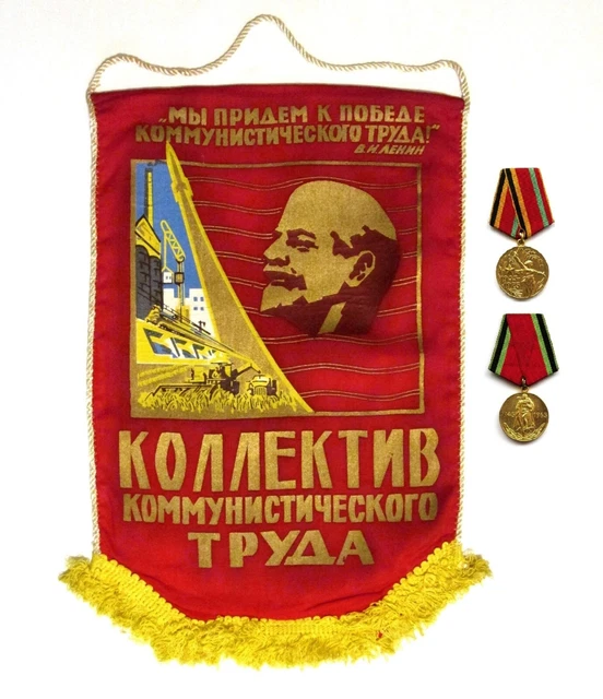 ORIGINAL SOVIET UNION Flag Banner Pennant Lenin USSR Medal Victory ...