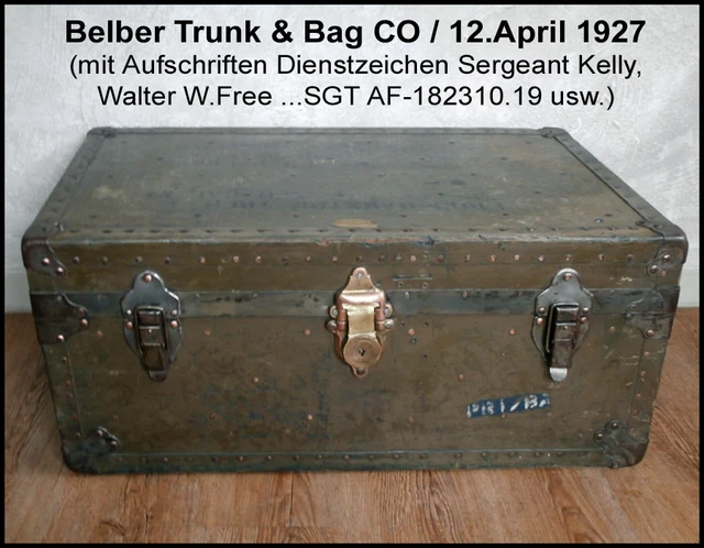 MILITÄRKISTE TRUHE 1927 Belber Trunk & Bag Co SGT-Aufschriften 2.WK USA ...