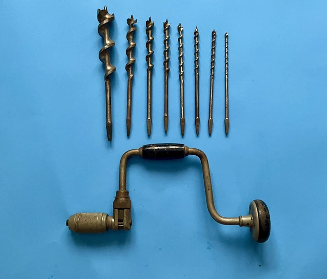 VINTAGE STANLEY NO. 945 10" Hand Ratcheting Bit Brace Tool w/ 8 auger ...