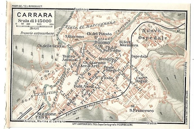 CARTA GEOGRAFICA ANTICA CARRARA Piccola pianta della città TCI 1924 ...