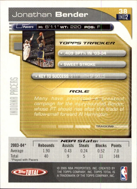 2004-05 TOPPS TOTAL Indiana Pacers Basketball Card #38 Jonathan Bender ...