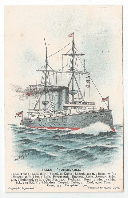 HMS FORMIDABLE - Formidable class Battleship Royal Navy PC 1909 £10.00 ...