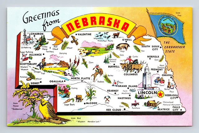 PICTORIAL TOURIST MAP Fishing & Cowboys State of Nebraska NE Postcard £ ...