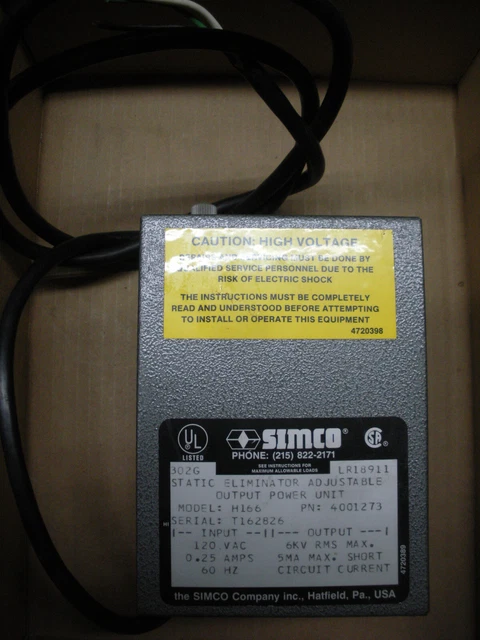 SIMCO STATIC ELIMINATOR midget power supply H-166 6KV 5ma 4001273 $69. ...