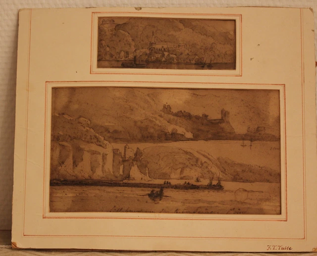 SUPERBE LAVIS ENCRE XIX ème, vue d'un lac avec annotation. Jean Thomas ...