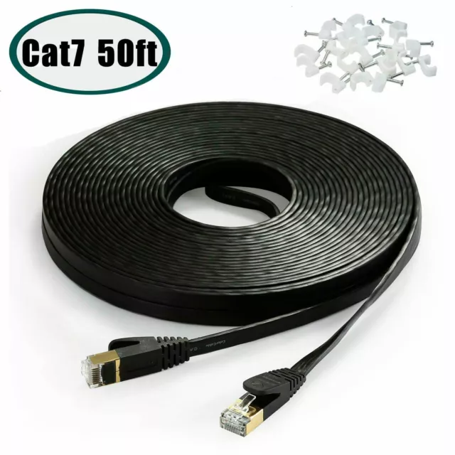 50FT CAT7 CAT 7 Flat Ethernet Cable LAN RJ45 Internet Router Patch Cord ...