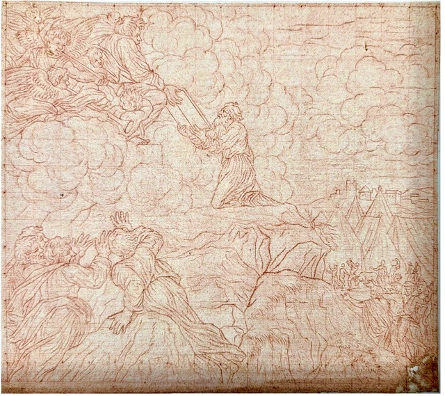 DESSIN ANCIEN DU XVIIe s. «Moïse recevant les tables... sanguine d ...
