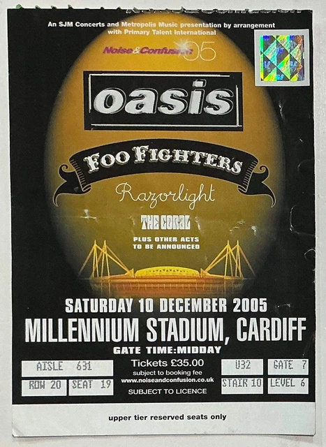 OASIS ORIGINAL USED Concert Ticket Millennium Stadium Cardiff 10th Dec ...