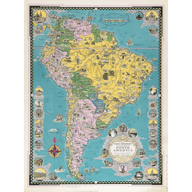 CHASE 1942 PICTORIAL Map South America Buildings Large Canvas Art Print ...