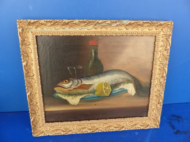 ANCIEN TABLEAU HUILE sur toile nature morte au brochet dans cadre bois et platre EUR 54,90 ...