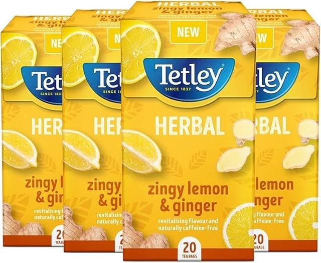 TETLEY ZINGY LEMON & Ginger Herbal Tea Bags Pack of 4 Boxes 80 Teabags ...