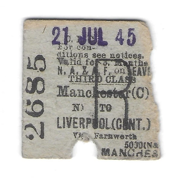 RAILWAY TICKET CLC Manchester Central to Liverpool 3rd NAAF Lv Return ...