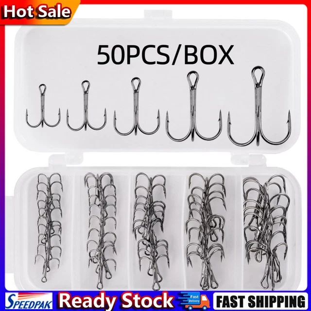 50 STÜCK ANGELHAKEN mit Widerhaken, rund, Biegung, Drilling, Angelgerät (schwarz EUR 8,27 ...