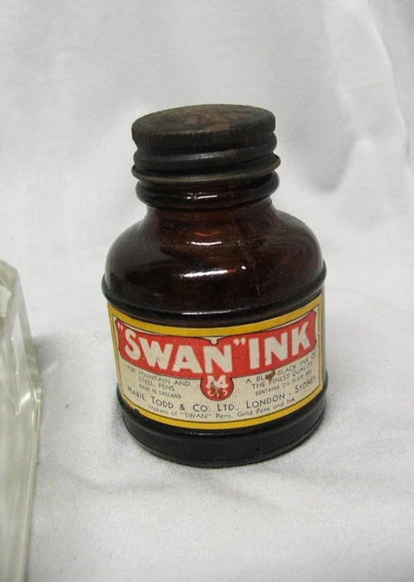 VINTAGE GLASS INK Well Set Pot with Pen Holder, Pens & Swan ink bottle ...