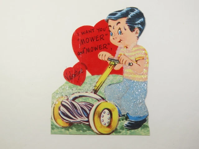 VINTAGE VALENTINES DAY Card Die Cut Boy Mowing Lawn Folbate Push Mower ...
