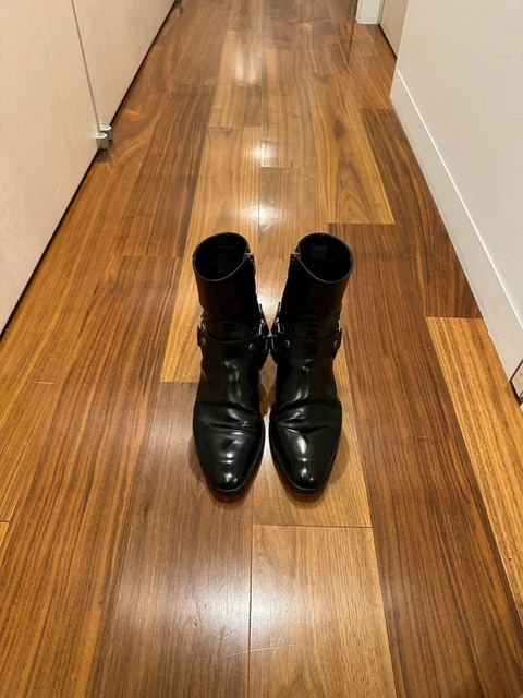 YSL SAINT LAURENT Wyatt Harness Ring Boots Black Leather Side Zip Men's ...