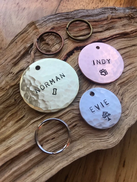 PREMIUM 38MM HAMMERED Hand Stamped Metal Dog Pet ID Tag Brass, Copper ...