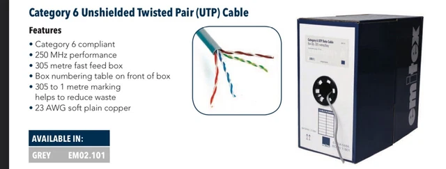 EMITEX CAT6 UNSHIELDED Twisted Pair UTP Cable Grey (Box of 305m) £100. ...