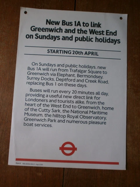 LONDON TRANSPORT BUS Stop Timetable Panel Poster-Route 1A to Greenwich ...