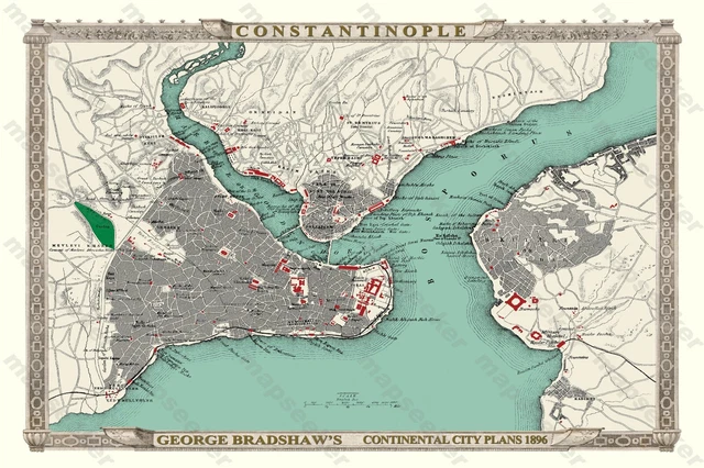OLD MAP OF CONSTANTINOPLE 1896 by GEORGE BRADSHAW 30" x 20" PHOTO PRINT ...