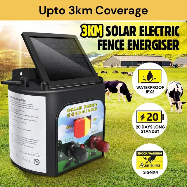 3KM SOLAR ELECTRIC Fence Energiser Set Energizer Charger Tape Insulator ...