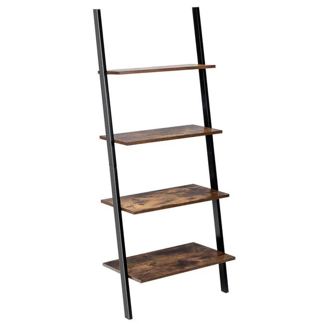 GYMAX PLANT STANDS 4-Tier Leaning Wall Bookcase Rustic Brown Wood ...