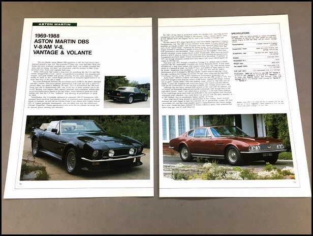 ASTON MARTIN DBS and Vantage Car Review Print Article with Specs 1980 ...