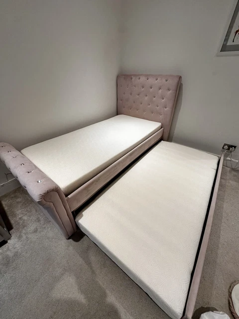 PINK CHESTERFIELD VELVET Trundle Single Bed with Two Memory Foam ...