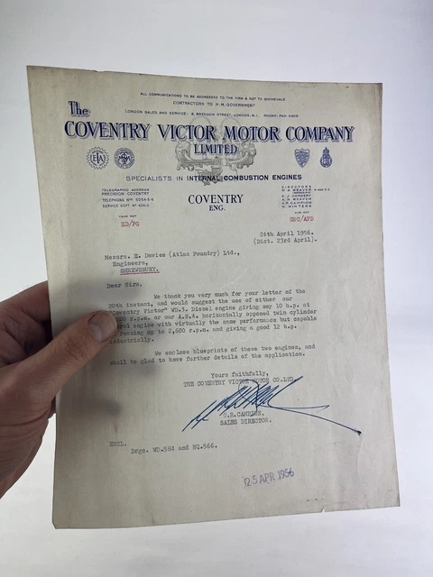 1956 COVENTRY VICTOR Motor Company Diesel Engine Blueprint/Letterhead ...