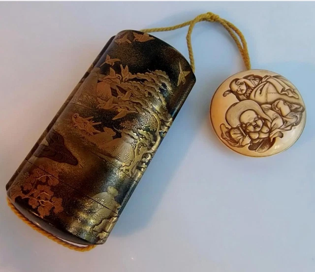 INRŌ JAPONAIS FIN époque Edo, atelier Kajikawa, manju netsuké signé Ko-Rin EUR 3.200,00 ...