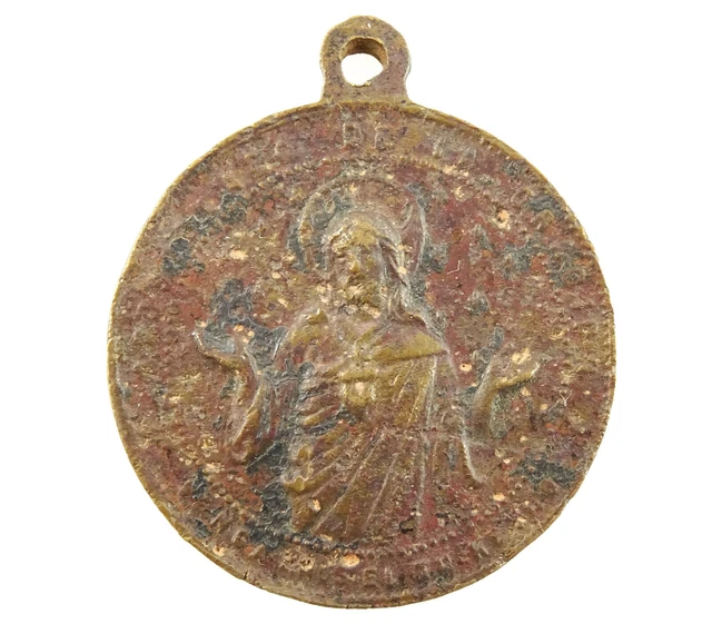 ANTIQUE CATHOLIC MEDAL Spanish Jesus Sacred Heart Virgin Mary ...