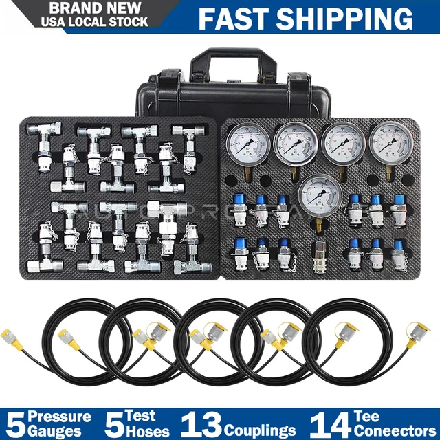 HYDRAULIC PRESSURE TEST Kit 5 Gauges, 13 Couplings, 14 Tee Connectors ...