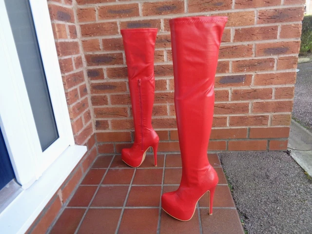 RED STRETCH PU THIGH HIGH PLATFORM STILETTO BOOTS * 6 uk * FXTISH ...