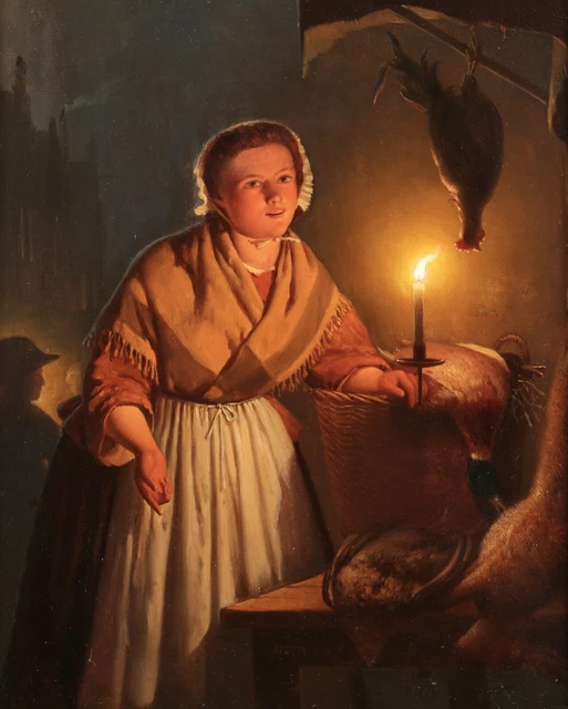 ANDREAS VERMEULEN (1821-1884) Grand Panneau Huile Signé 1863 - Fille Aux Chandelles EUR 254,22 ...