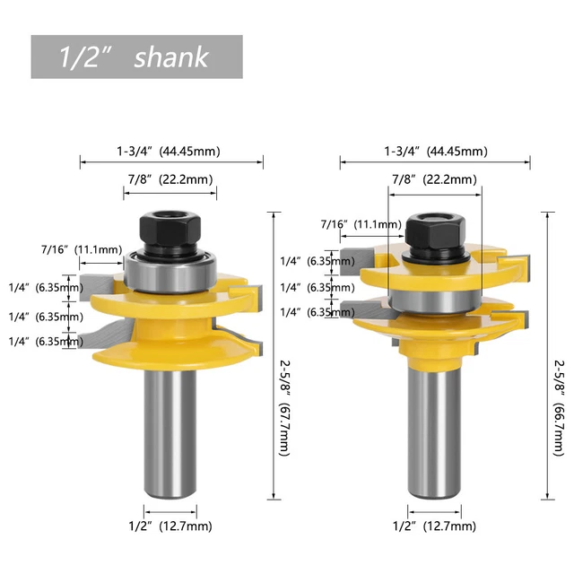 RAIL & STILE Joint 12mm 1/2" Shank Router Bits Set Tongue&Groove Cutter ...
