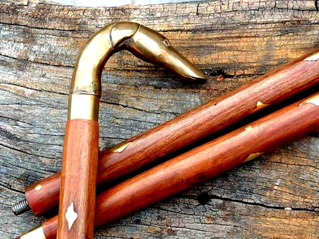 CANNE À CANARD Antique, Canne en Laiton Massif, poignée en Bois ...