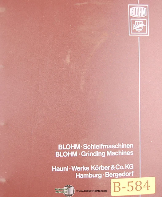 Blohm Hanseat 75 Flächenschleifer Bedienungs Und Teilehandbuch 1985