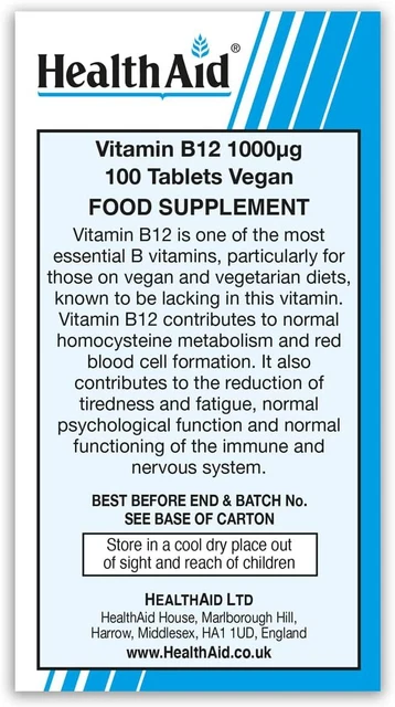 HEALTHAID VITAMIN B12 (Cyanocobalamin) 1000ug - Prolong Release - 100 ...