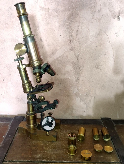 ANTIQUE MICROSCOPE C.1880 Bronze Laiton quadruple objectif Carl Zeiss ...