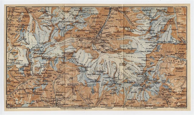 1930 VINTAGE MAP Of Vicinity Of Matterhorn Zermatt / Visp Saastal ...