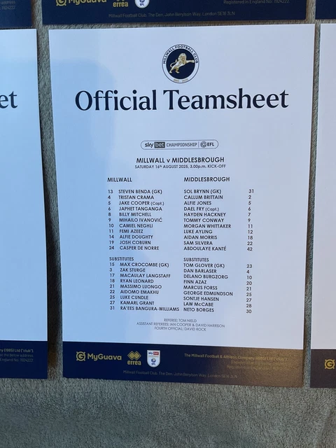 MILLWALL TEAM SHEETS x8 all this season 2025/26 £5.95 - PicClick UK