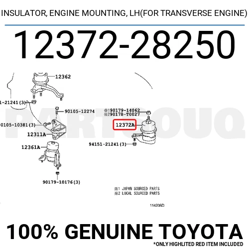 1237228200 GENUINE TOYOTA INSULATOR, ENGINE MOUNTING, LH(FOR TRANSVERSE ...