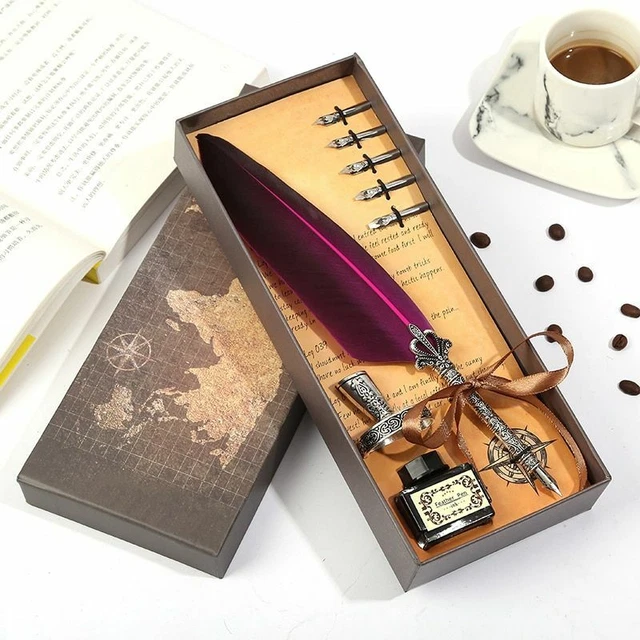 RETRO VINTAGE CALLIGRAPHY Feather Dip Pen Writing Set Stationery Quill ...