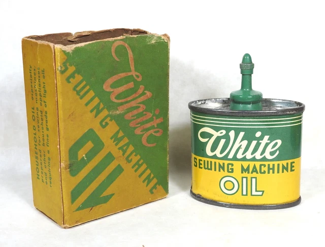 VINTAGE WHITE SEWING Machine Oil Handy Oiler Tin/Can – Lead Top in Box ...