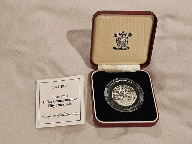 CASED ROYAL MINT 1944-1994 Silver Proof D-Day Commemorative Fifty Pence ...