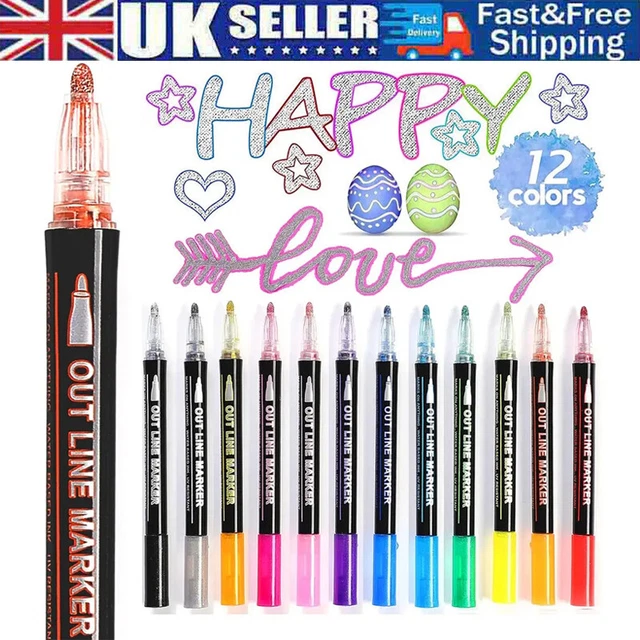 12 COLORS DRAWING Double Line Outline Pen Highlighter Marker Pens For ...